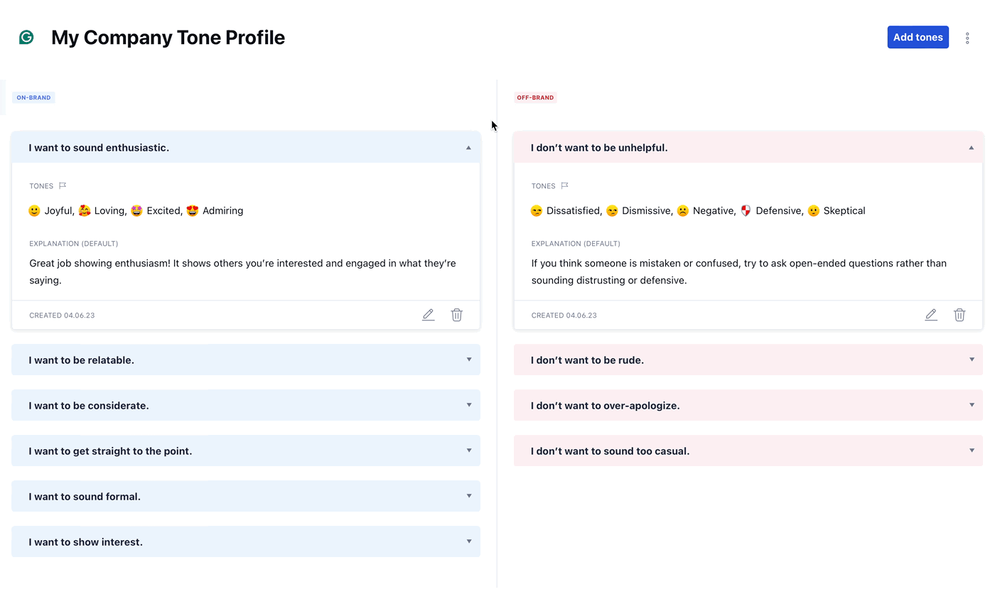 Set brand tones – Grammarly Support