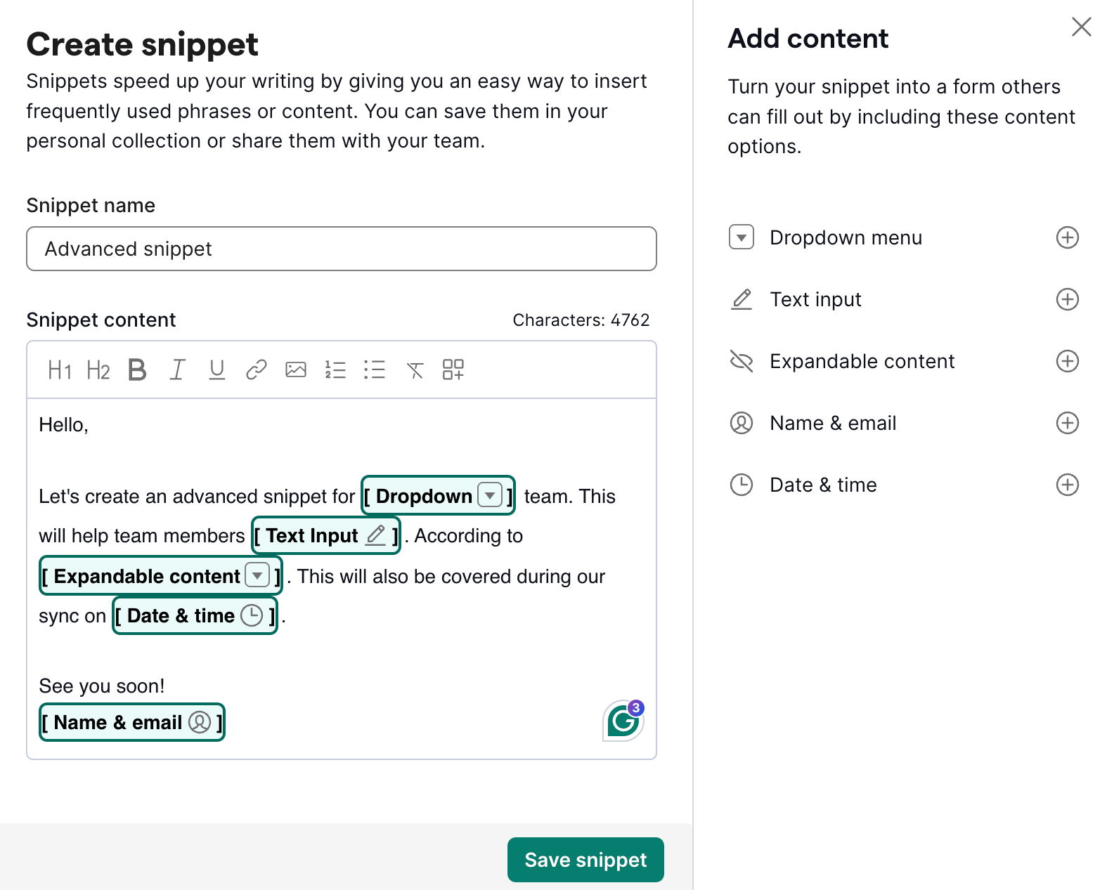Create snippets – Grammarly Support